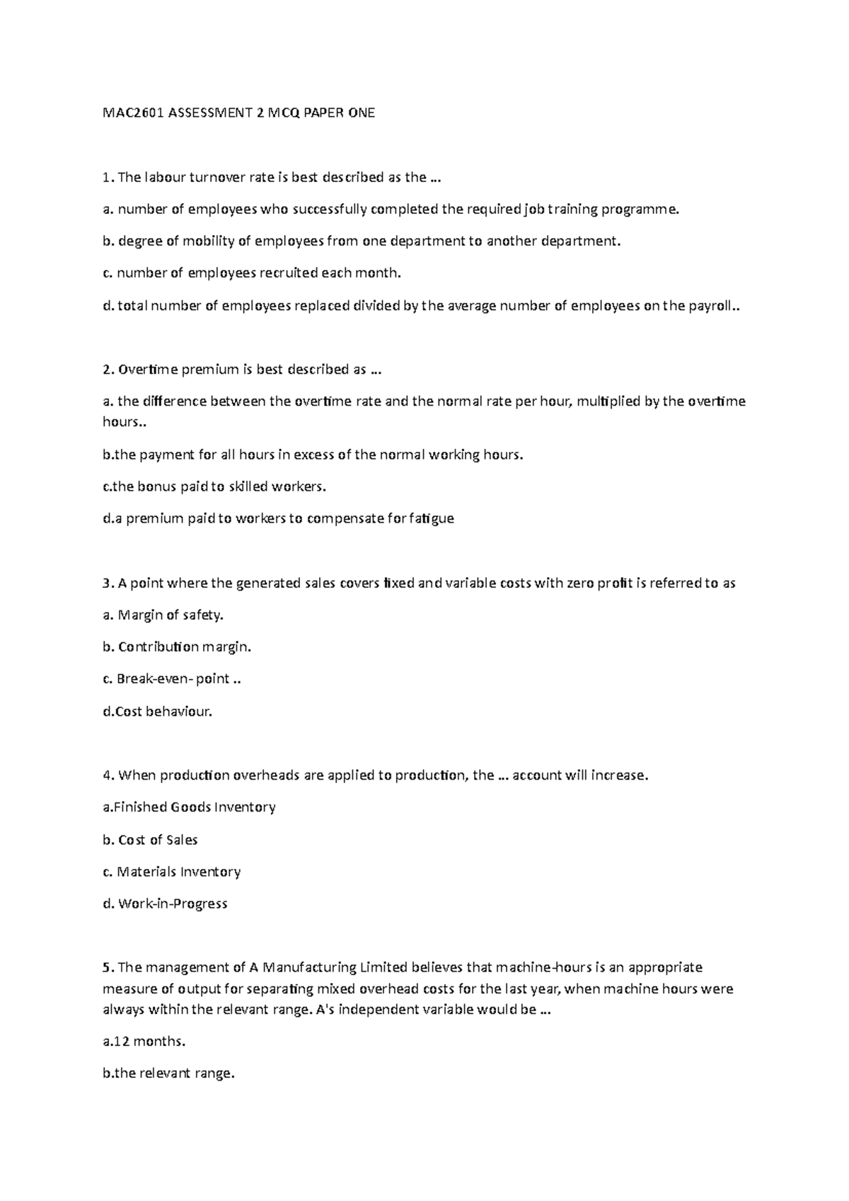 MAC2601 Assessment 2 MCQ Paper One - Study Guide and Questions - Studocu