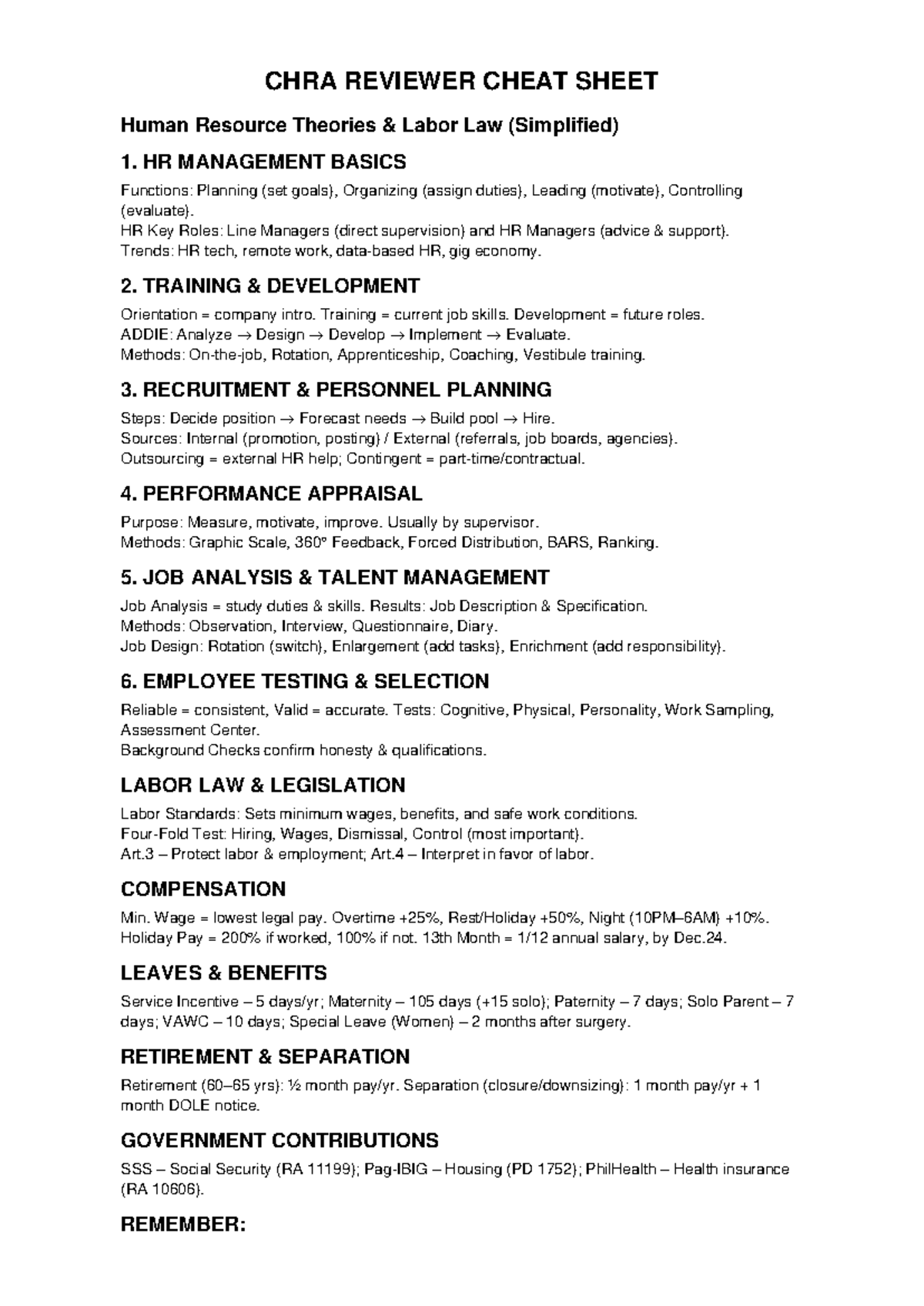 CHRA 101: HR Theories & Labor Law Cheat Sheet Review - Studocu