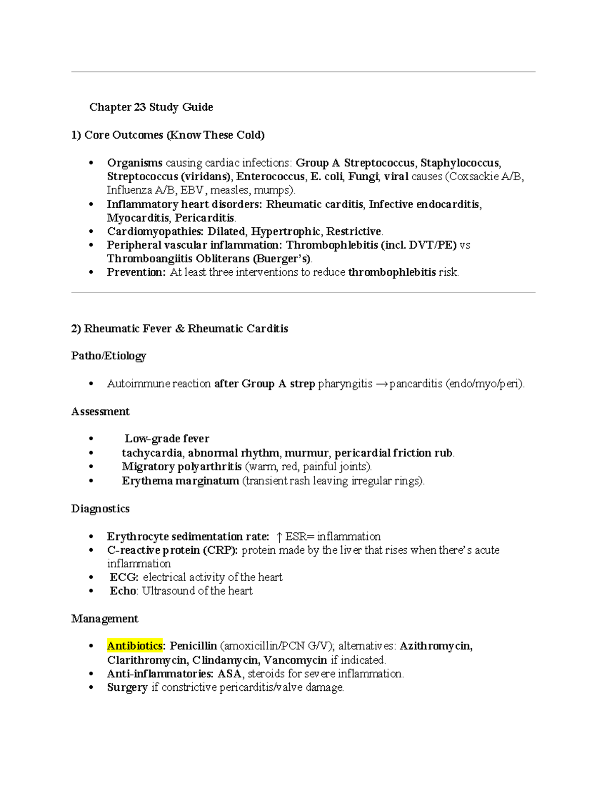 Chapter 23 Study Guide: Cardiac Infections & Inflammatory Disorders ...