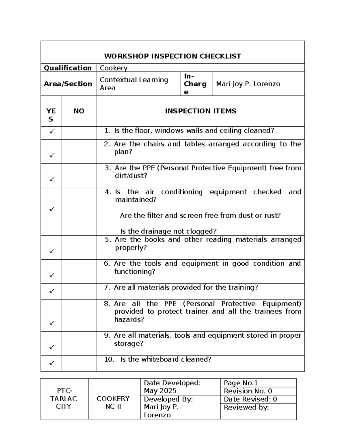 Workshop Inspection Checklist for Cookery NC II - May 2025 - Studocu