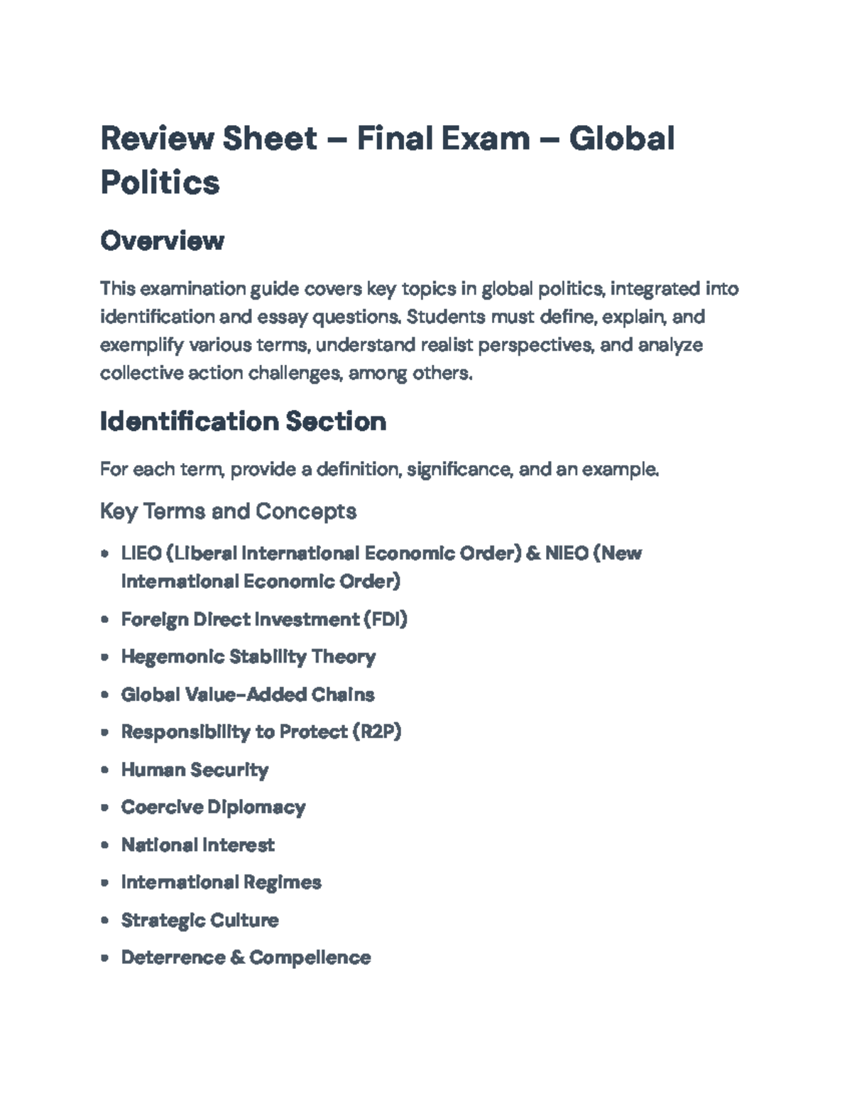 Review Sheet: Final Exam – Global Politics Overview and Key Concepts ...
