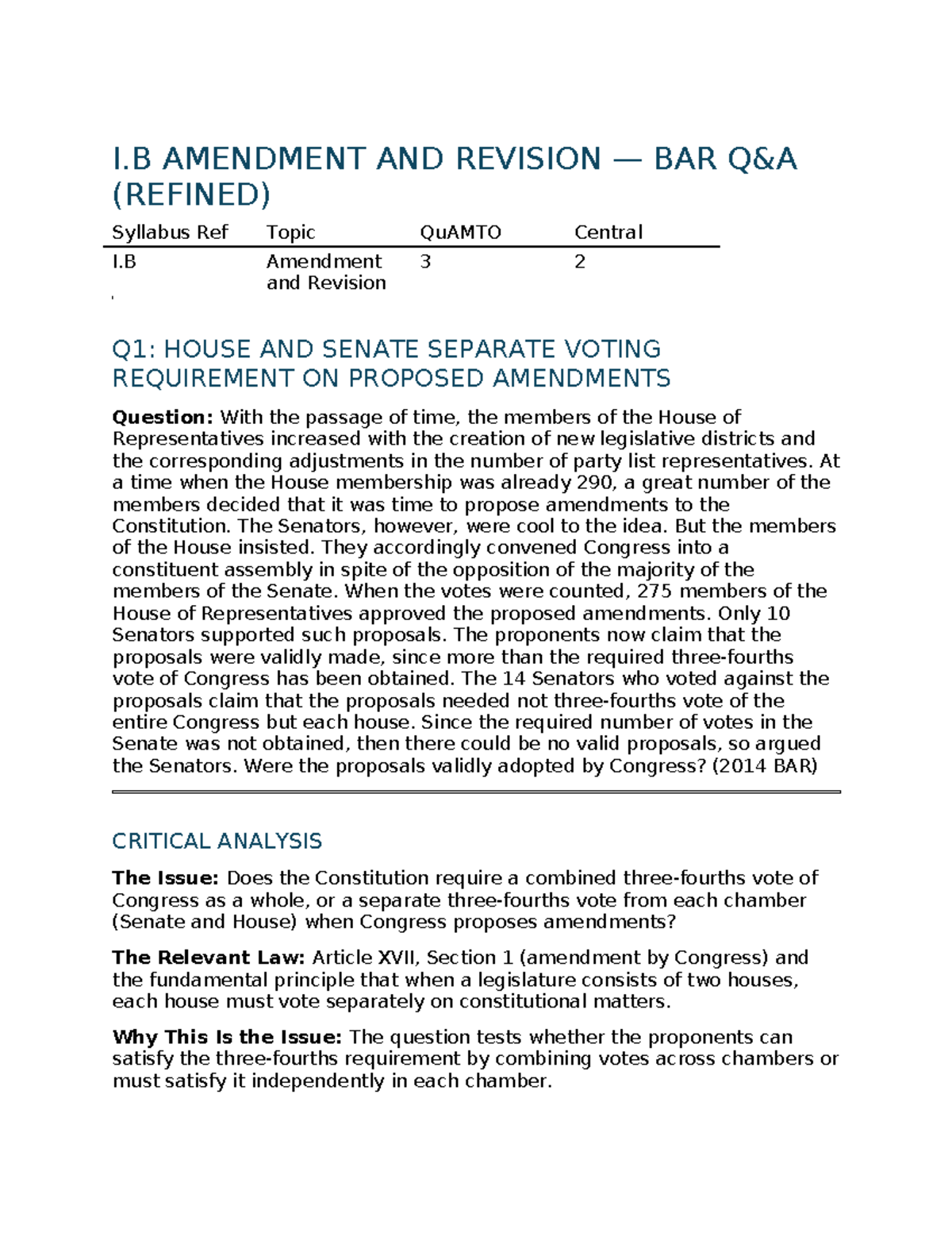 I.B — Amendment and Revision Study Guide for BAR Exam Q&A - Studocu