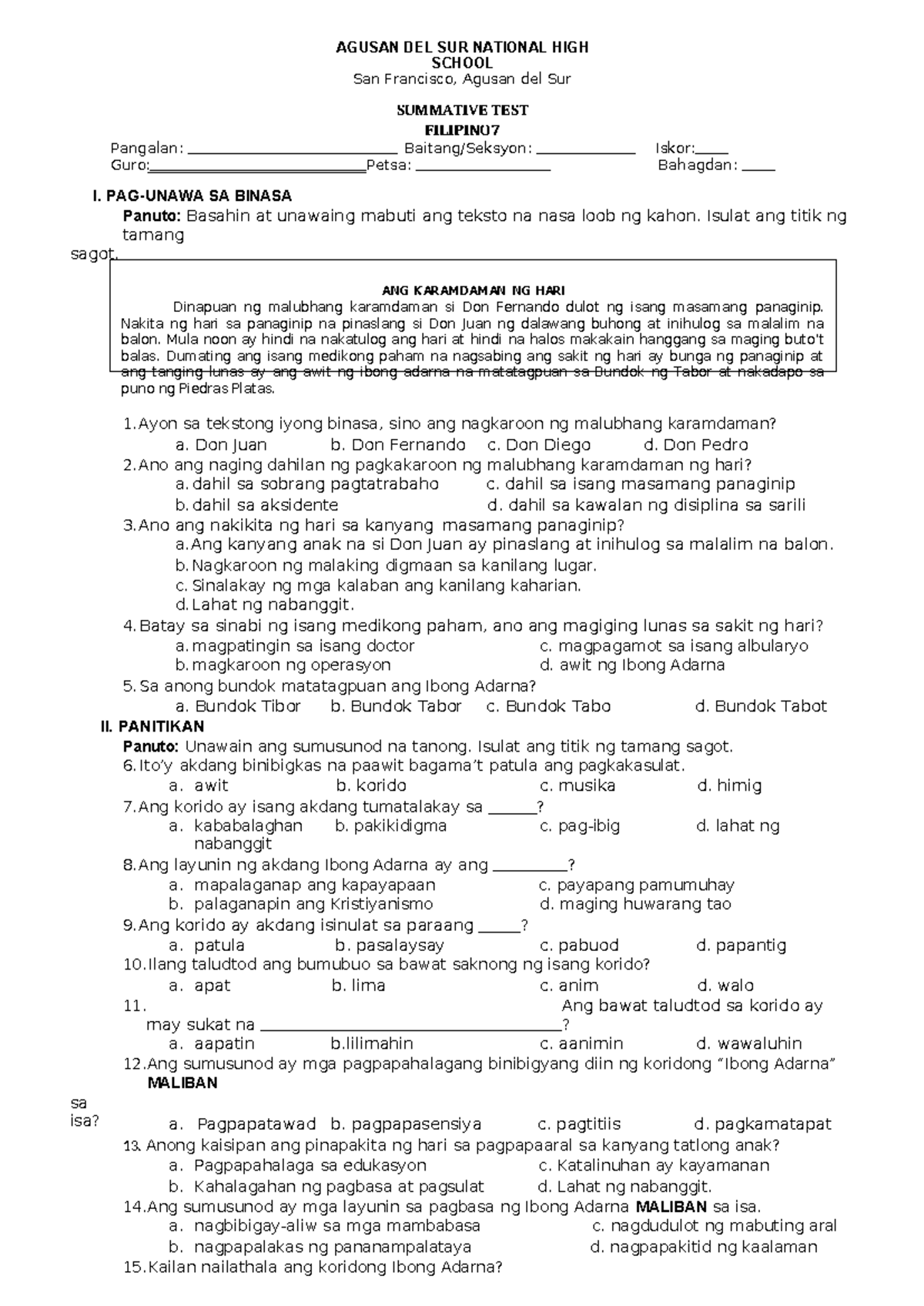 Filipino-7-Q4-Summative-Test: Kahalagahan ng Ibong Adarna - Studocu