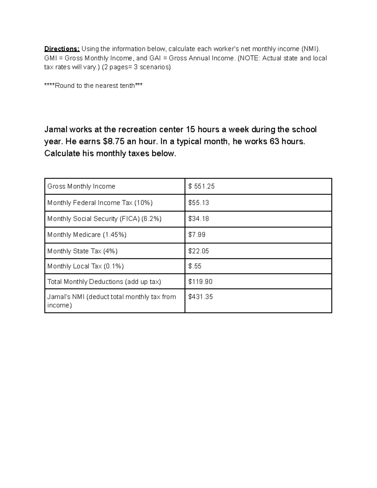Paycheck Calculations - Directions: Using the information below ...