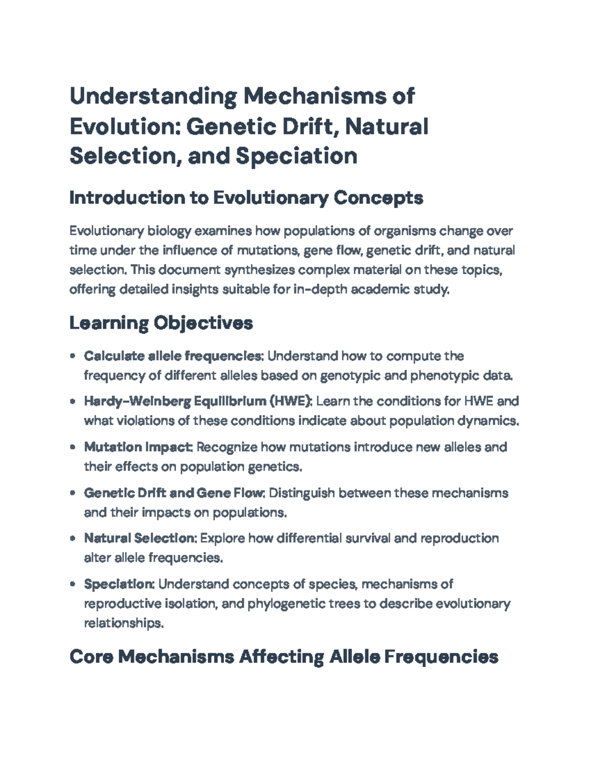 Understanding Evolutionary Mechanisms: Genetic Drift, Selection ...