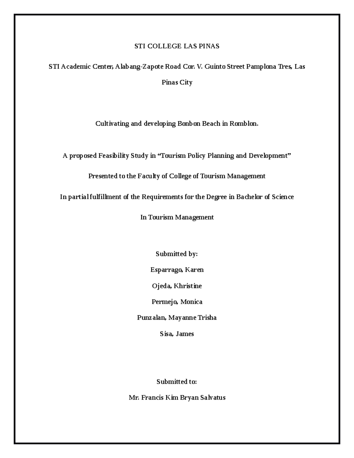 STI Tourism Mgt. Group 5: Feasibility Study on Bonbon Beach Development ...