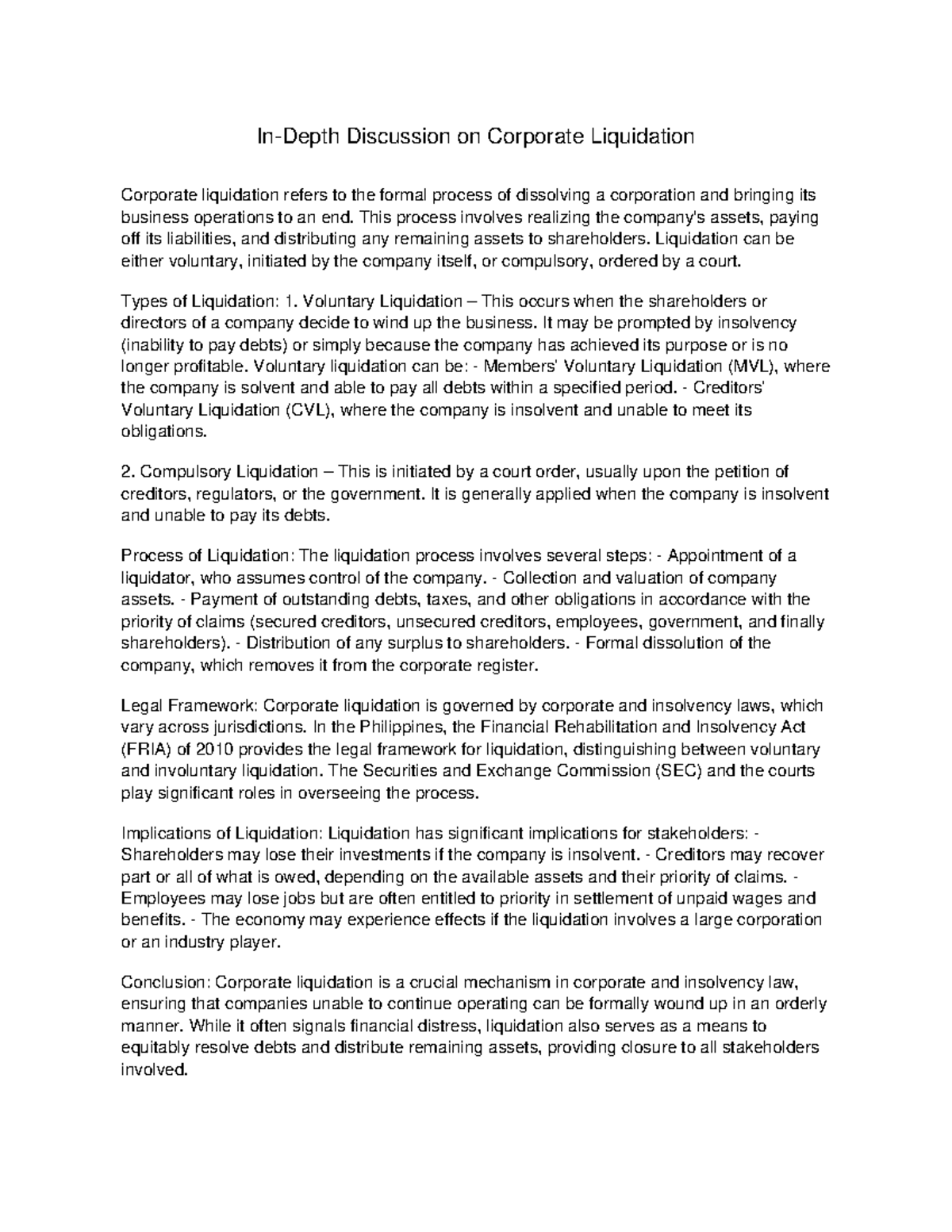 Corporate Liquidation: Understanding the Process and Implications - Studocu