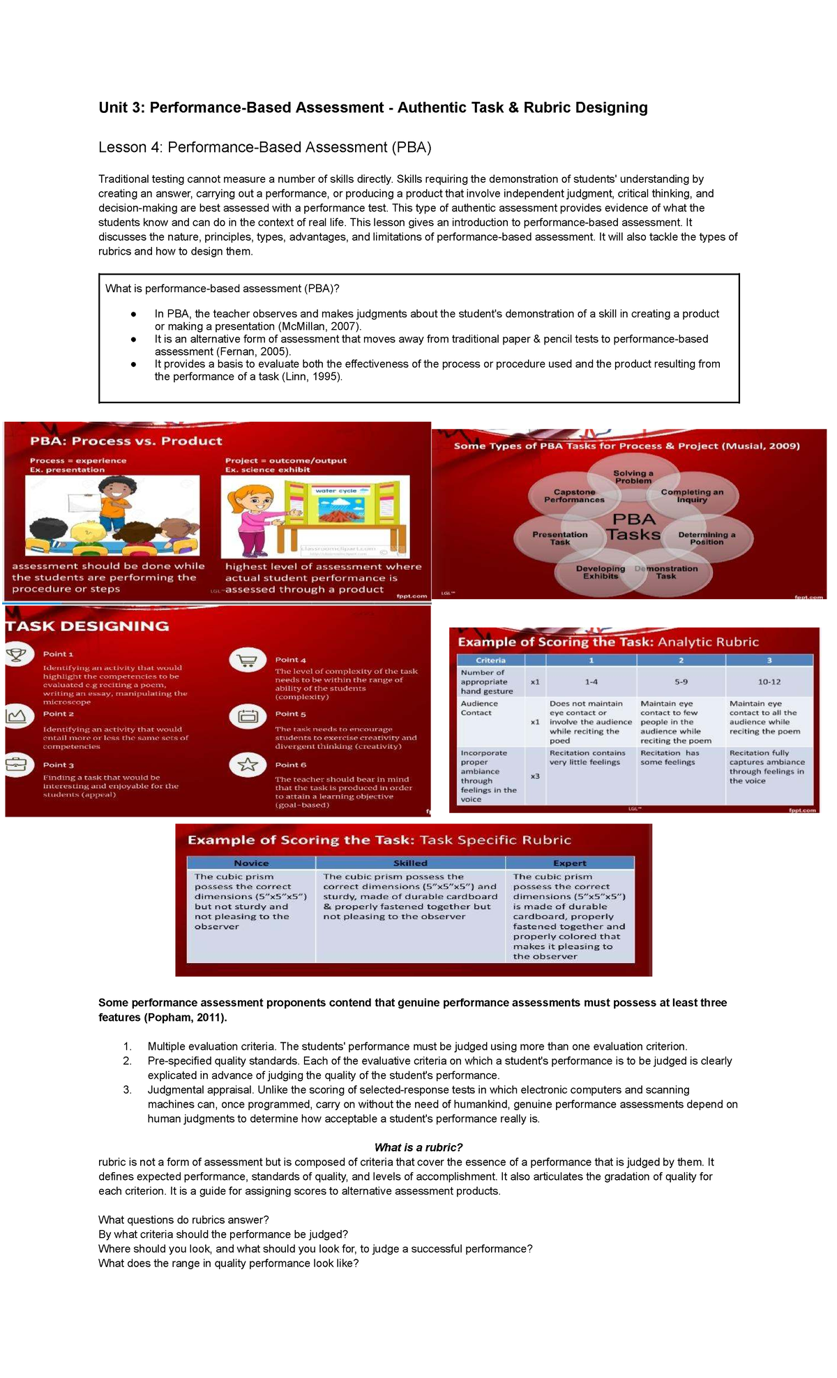 Unit 3: PBA - Authentic Task & Rubric Design Lesson 4 - Studocu