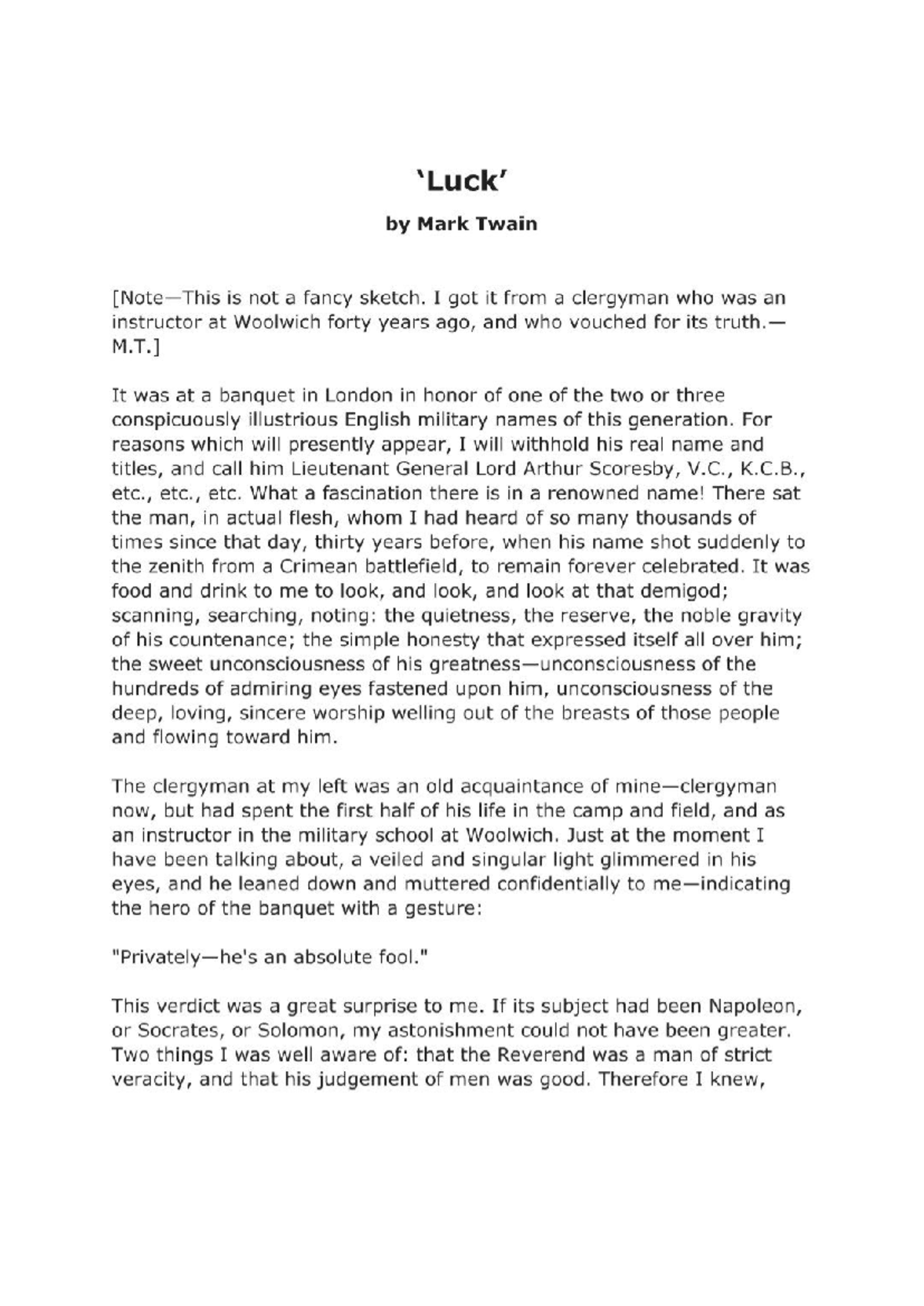 LUCK - A Short Story by Mark Twain - Studocu