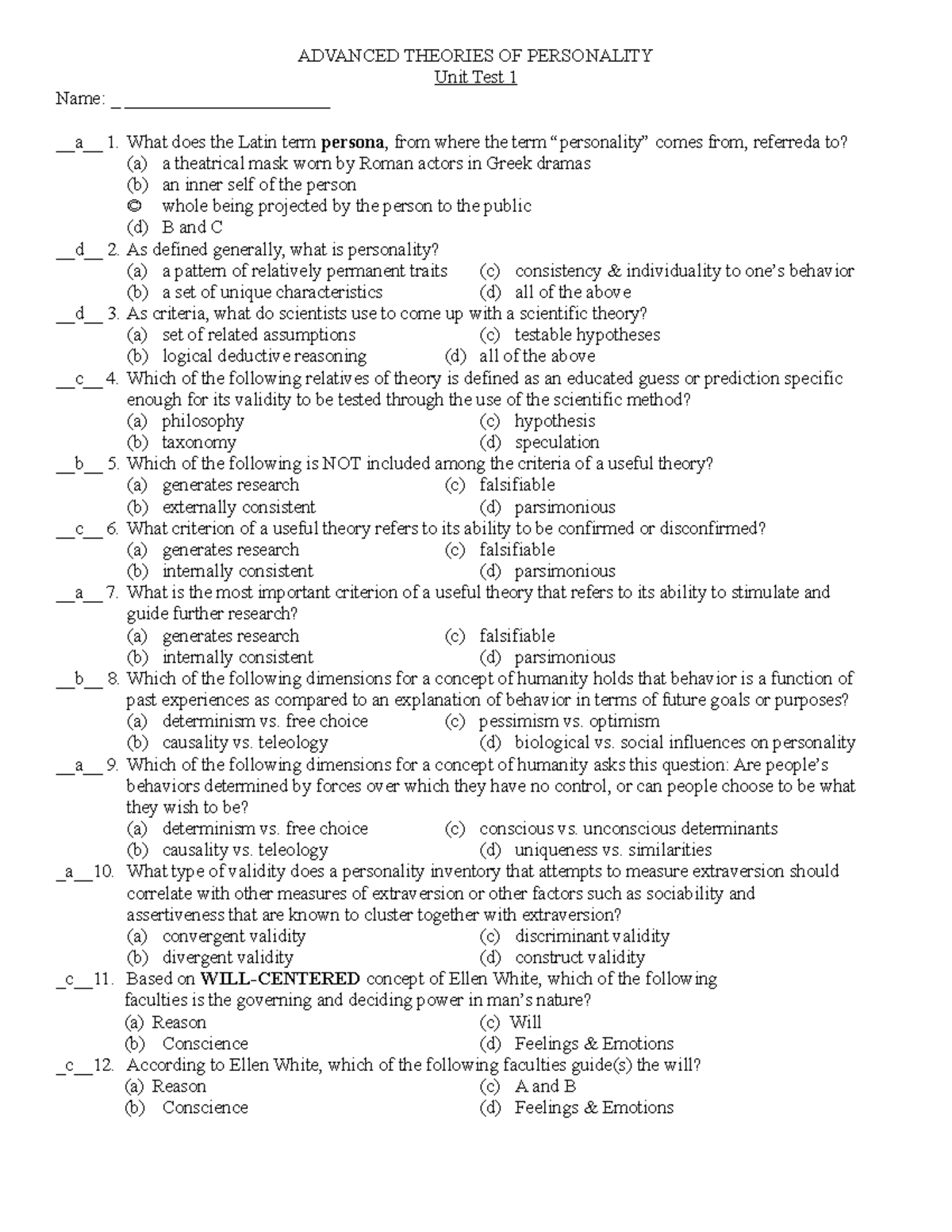 Unit Test 1 - Answer Key for Theories of Personality (Course Code ...