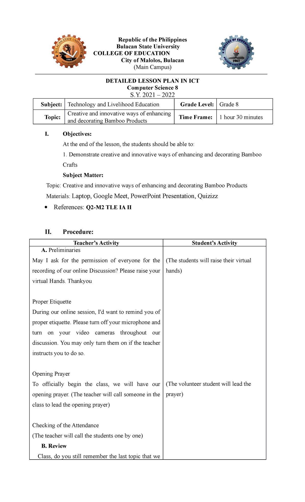 Detailed Lesson Plan for Bamboo Craft - TLE Grade 8 (S.Y. 2021-2022 ...