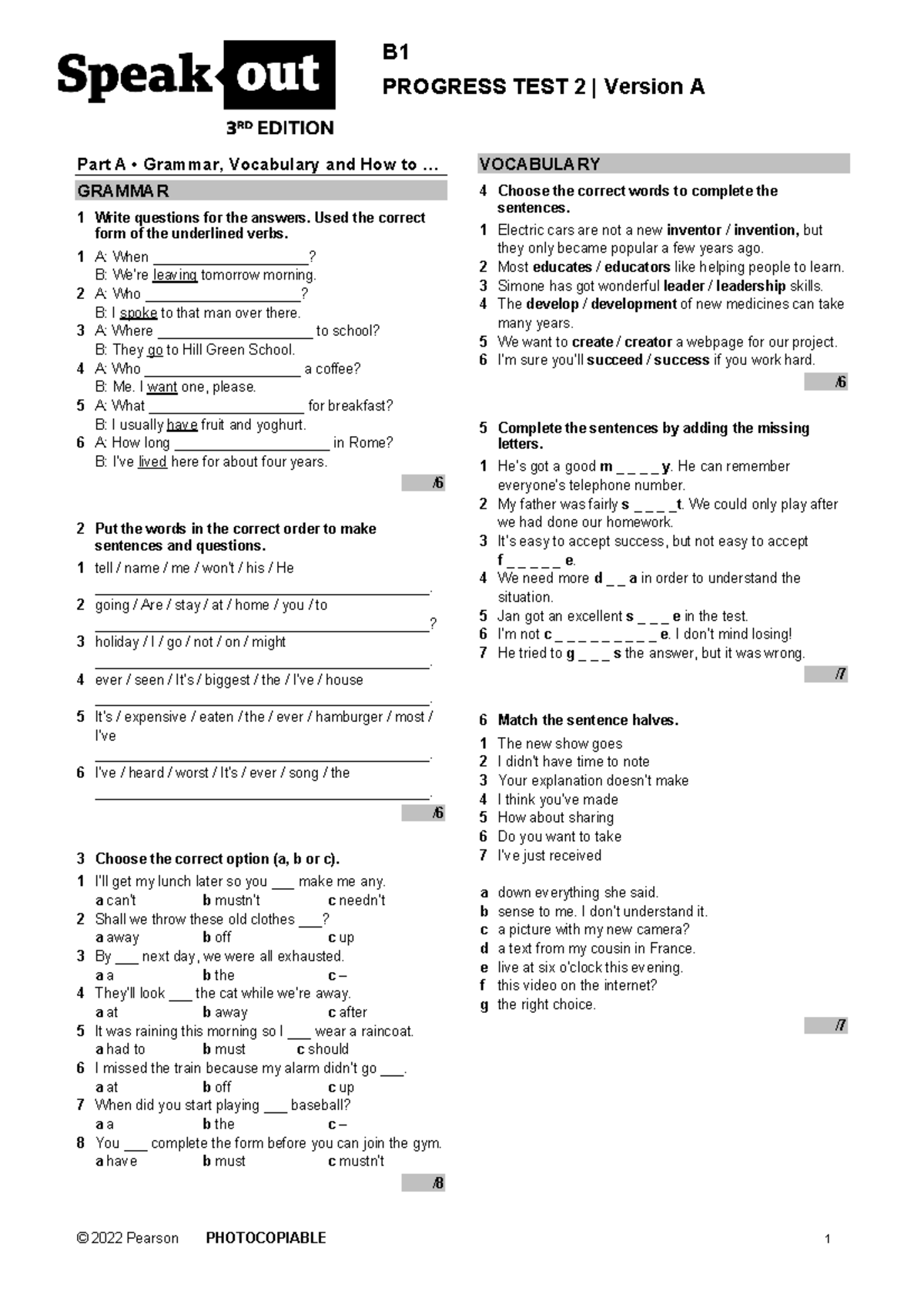 Speakout 3rd Edition Progress Test 2A - Grammar, Vocabulary & Reading ...