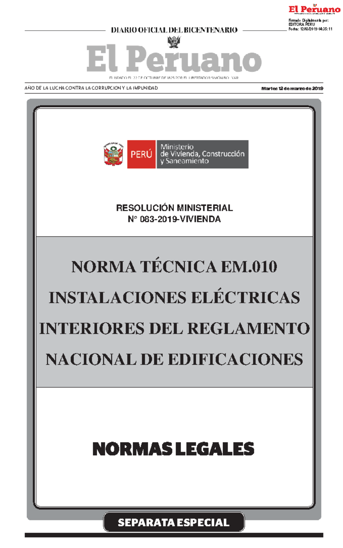 62 EM.010 Instalaciones Eléctricas Interiores - RM N° 083-2019 ...