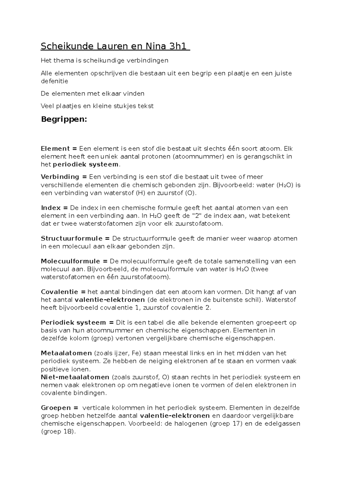 Scheikunde Begrippenlijst: Elementen & Verbindingen (3h) - Studeersnel