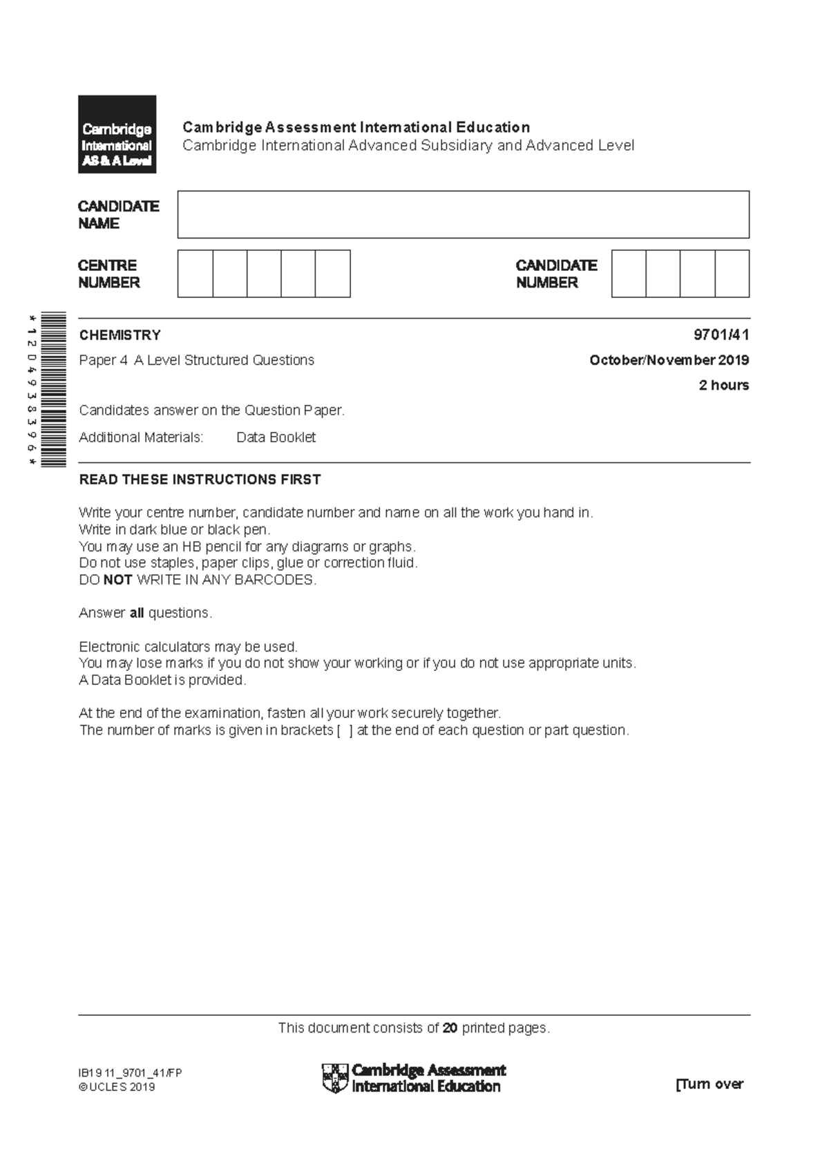 A Level Chemistry Paper 4 (9701) Structured Questions - 2019 - Studocu