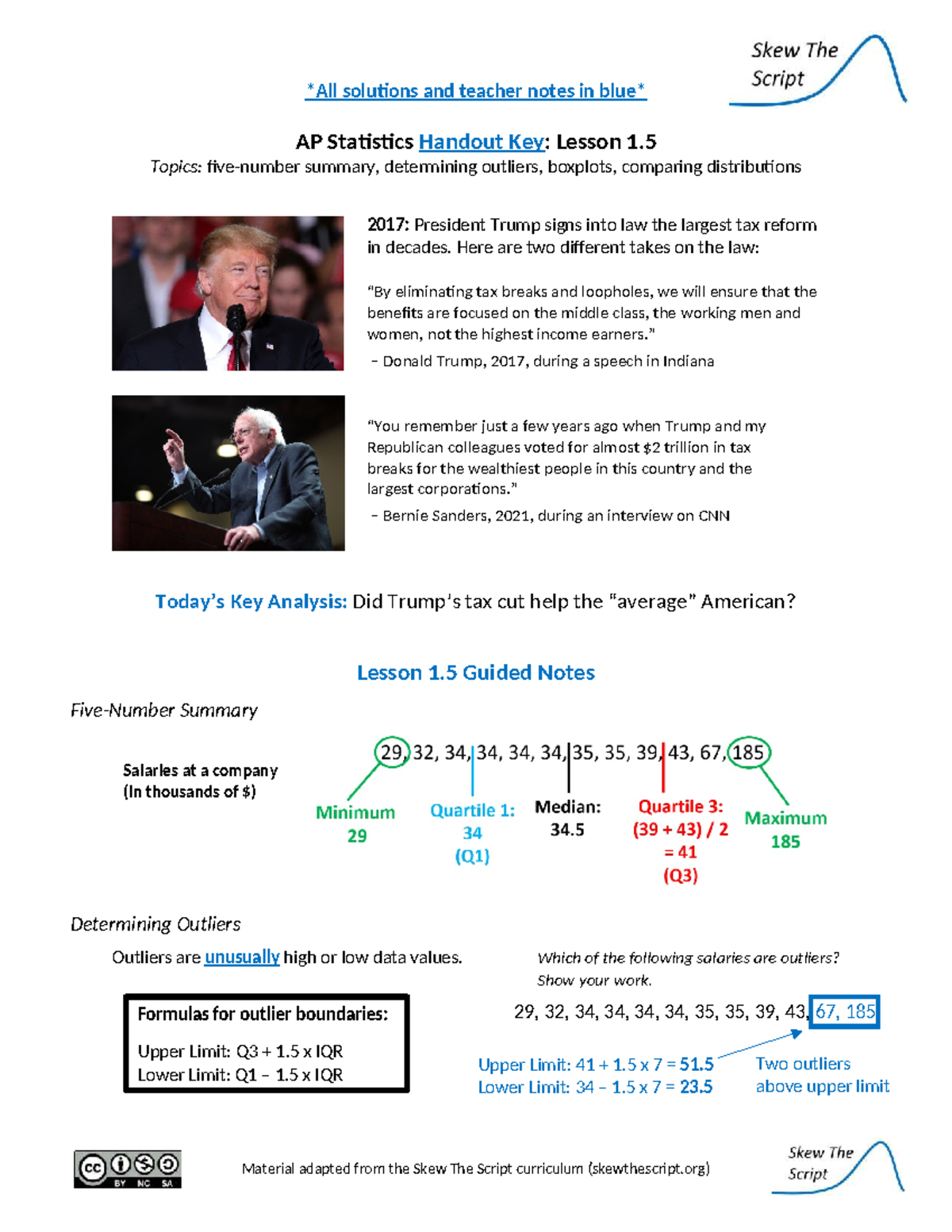 AP Statistics 1.5 Lesson Notes: Outliers, Boxplots & Tax Reform ...