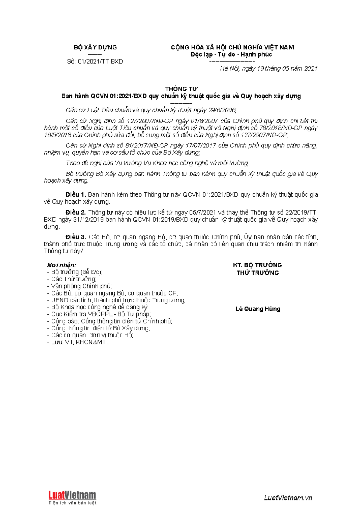 Thong tu 01 2021 tt bxd quy chuan ky thuat quoc gia ve quy hoach xay dung - BỘ XÂY DỰNG Số ...