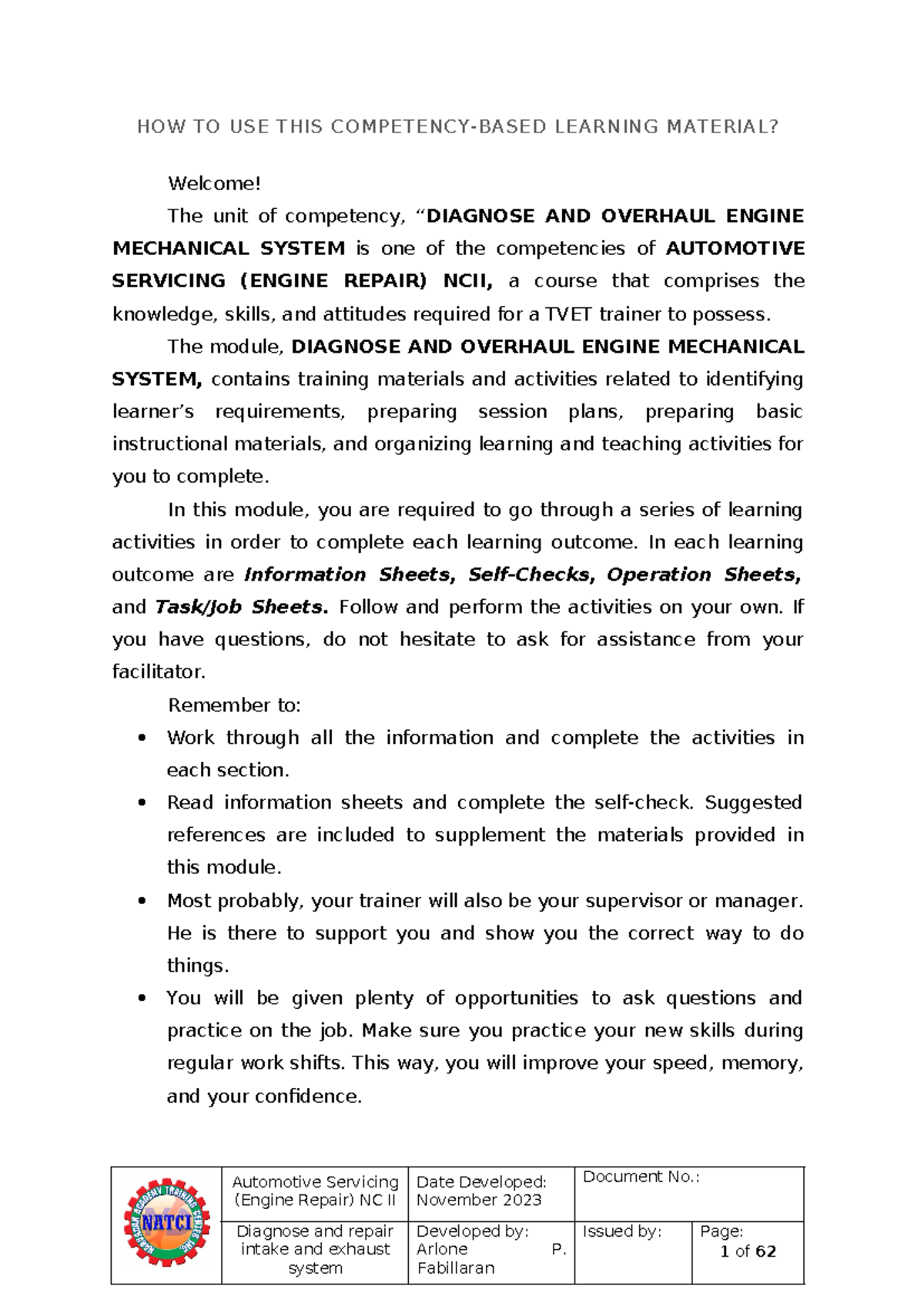 LO3 CBLM Engine Mechanical System Repair Guide - TESDA NCII - Studocu