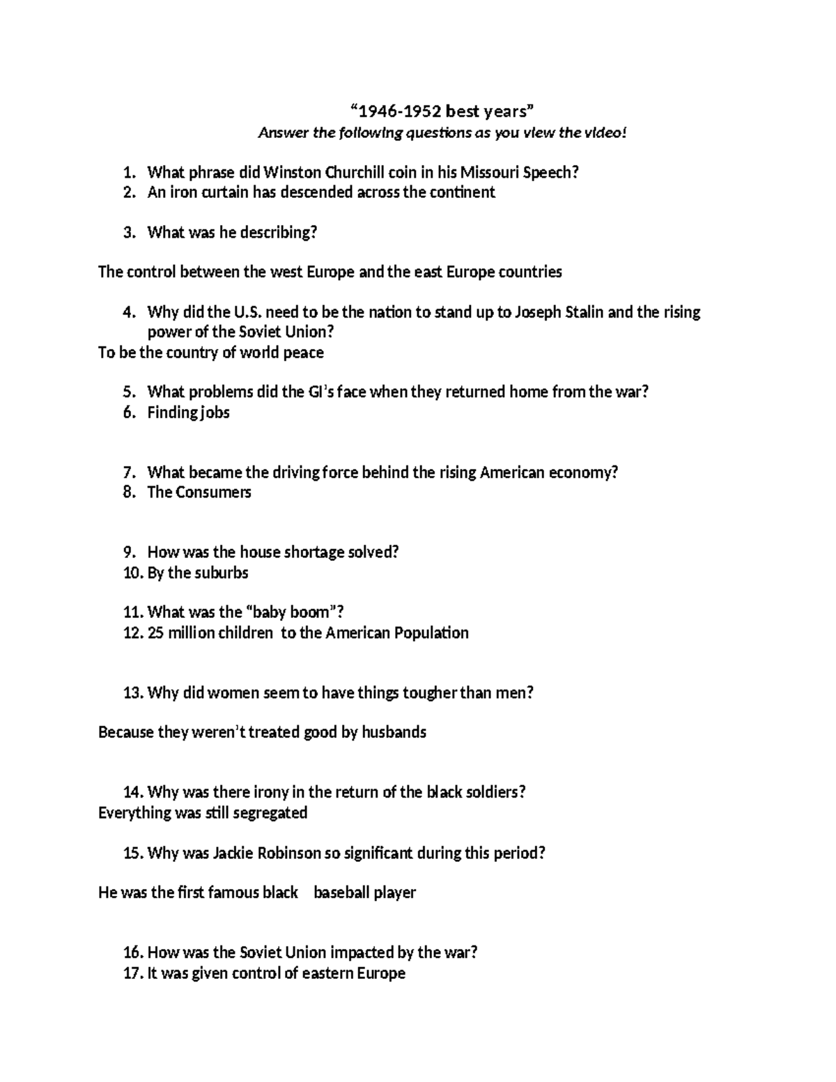 Best Years of America's Time: 1946-1952 Analysis - GVQ - Studocu