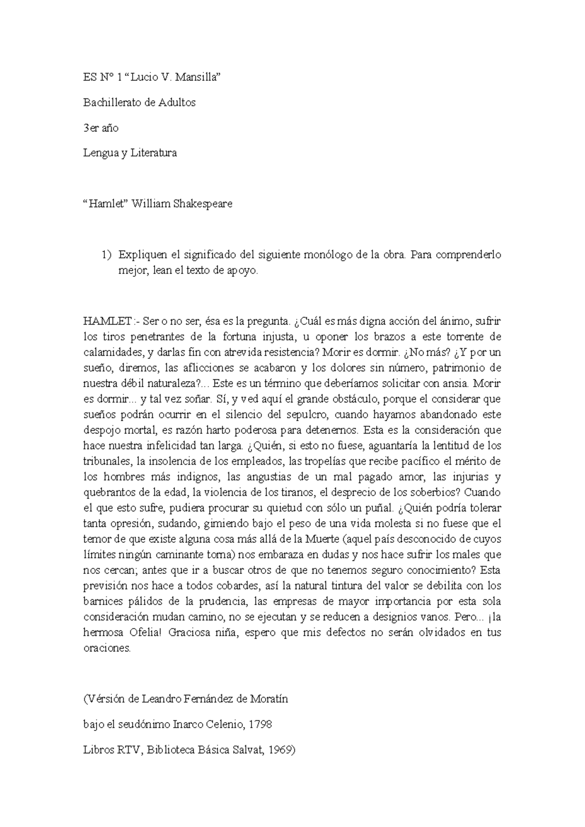 ES 1 Trabajo Final: Análisis del Monólogo de Hamlet - Studocu