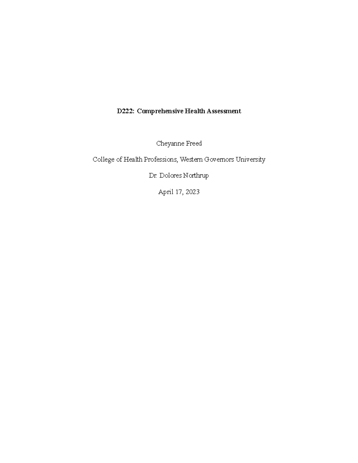 D222 Comprehensive Health Assessment Template - D222: Comprehensive ...