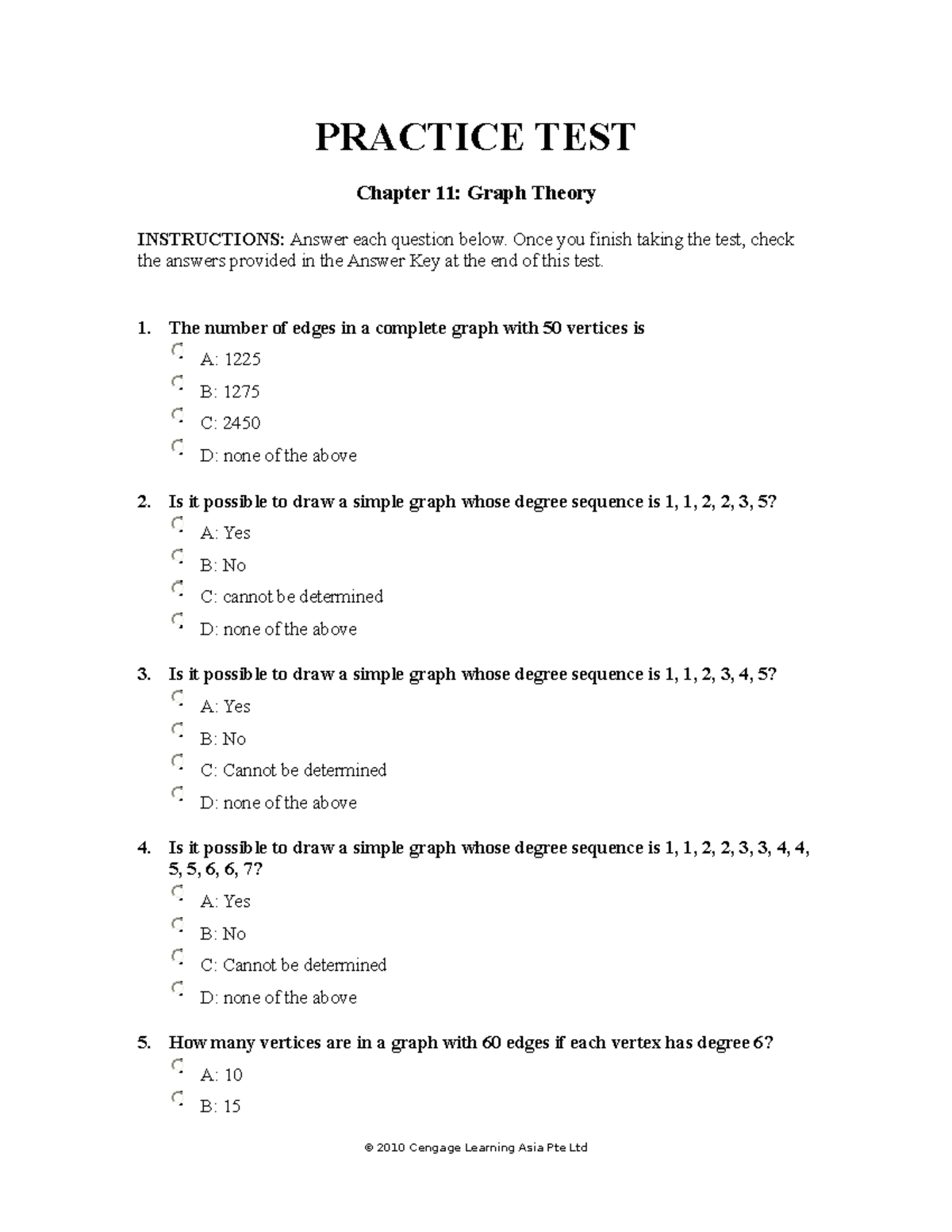 Chapter 11 Graph Theory Practice Test Questions & Answers - Studocu