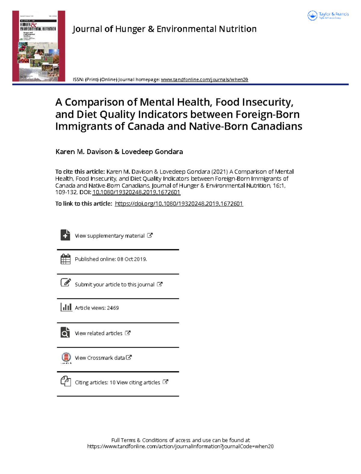 A Comparison of Mental Health, Food Insecurity, and Diet Quality ...