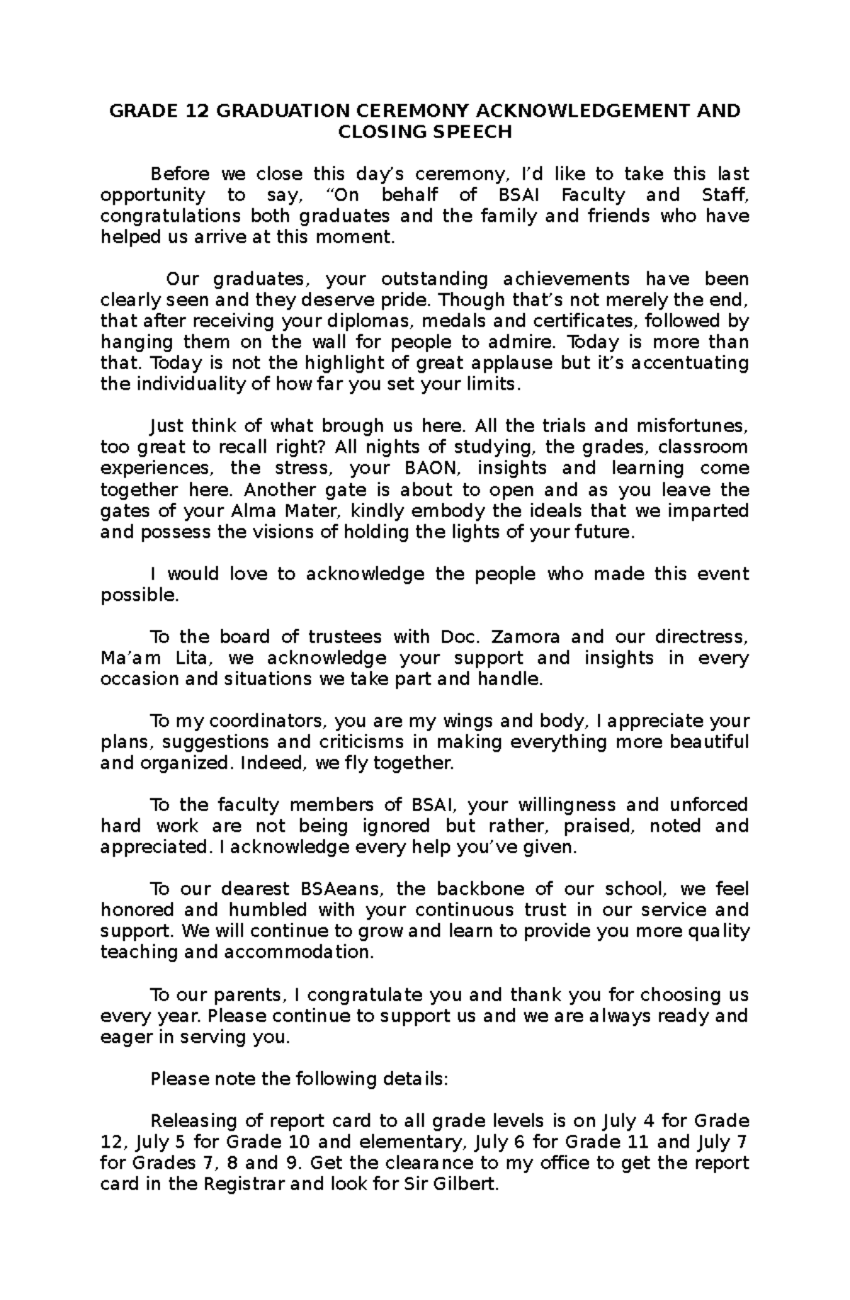 Grade 12 Graduation Ceremony Speech Acknowledgment and Closing - Studocu