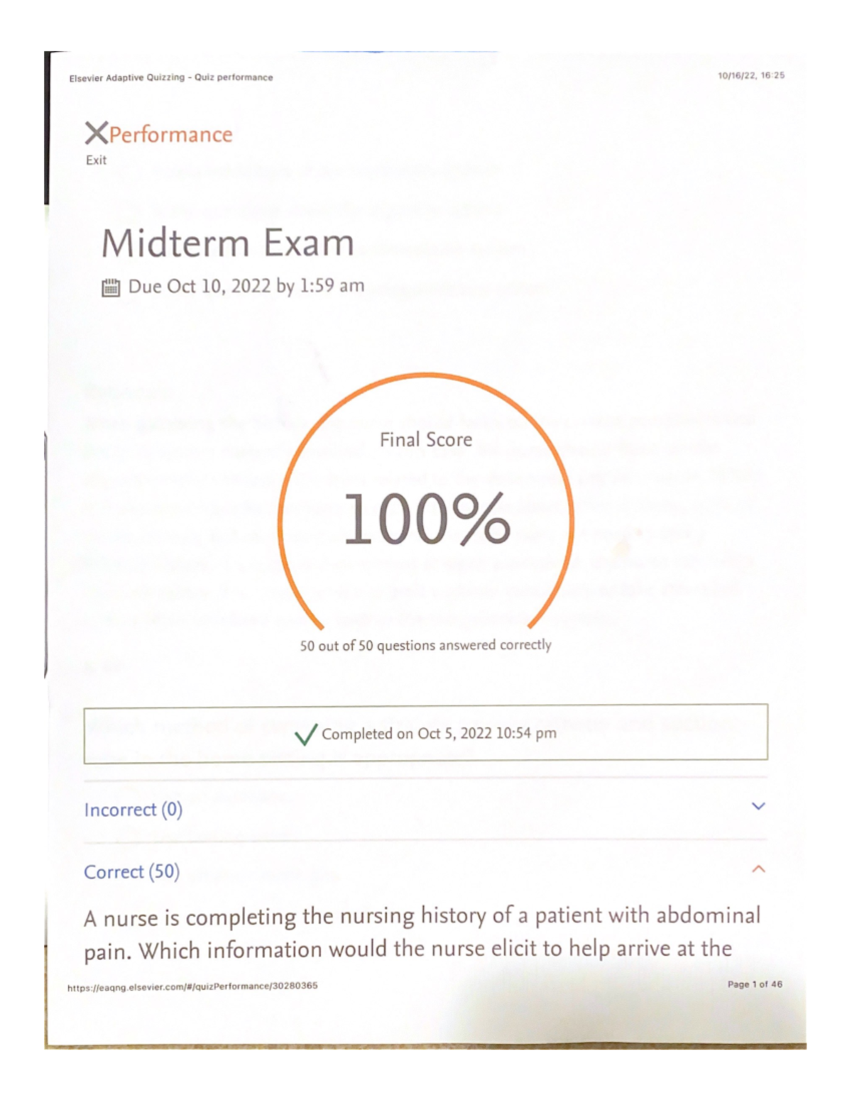 Midterm 1 - Elsevier Adaptive Quizzing Quiz performance 16:25 ...
