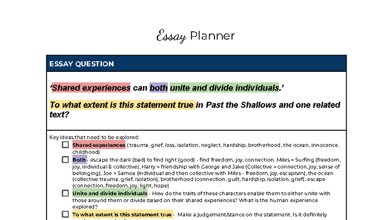 Common Module Essay Planner: Exploring Unity and Division in "Past the ...