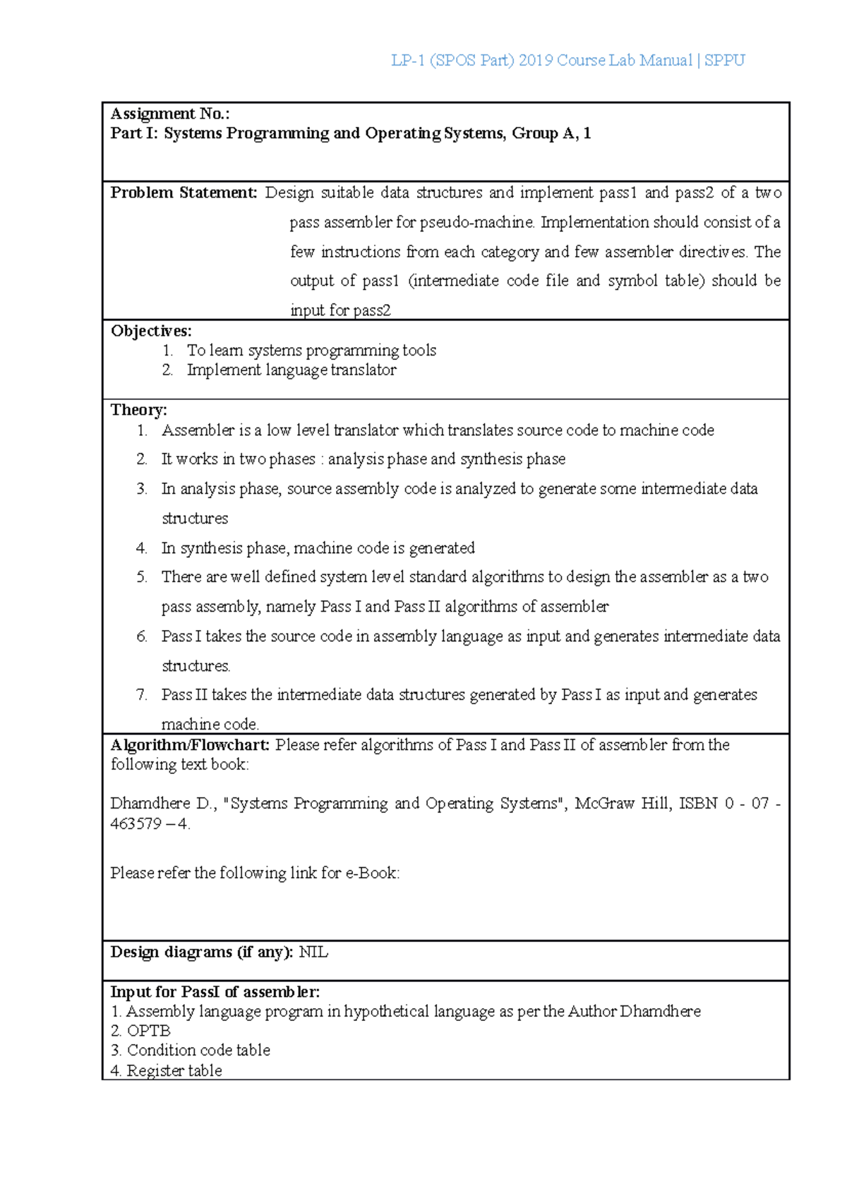 1st Assignment-Assembler-Pass I & Pass II-SPOS 2019 PAT Lab manual - LP-1 (SPOS Part) 2019 ...