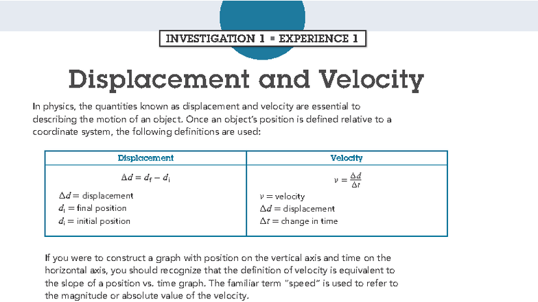 Displacement and Velocity: Investigation 1 SW - Studocu