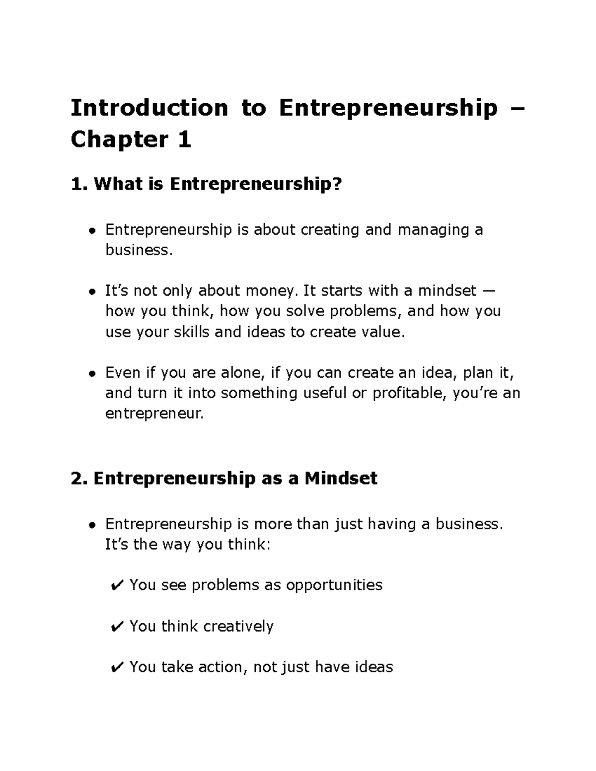 Introduction to Entrepreneurship - Chapter 1 - Studocu
