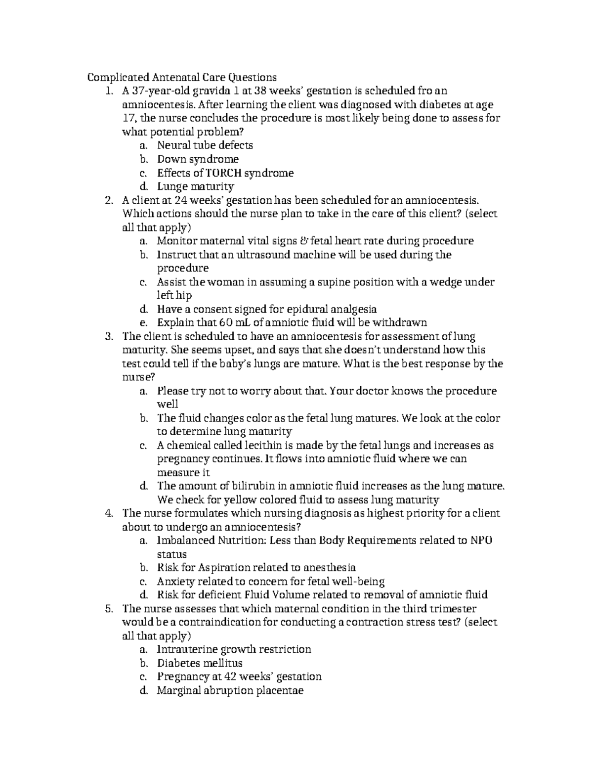 Complicated Antenatal Care Questions (NUR 301) - Studocu