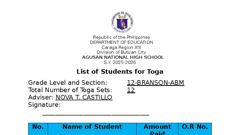 List of Toga Sets for ABM Grade Level - 12 Students - Studocu