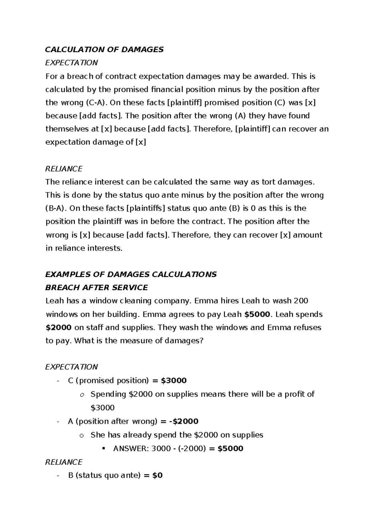 LAWS 211 - Calculation of Expectation and Reliance Damages - Studocu