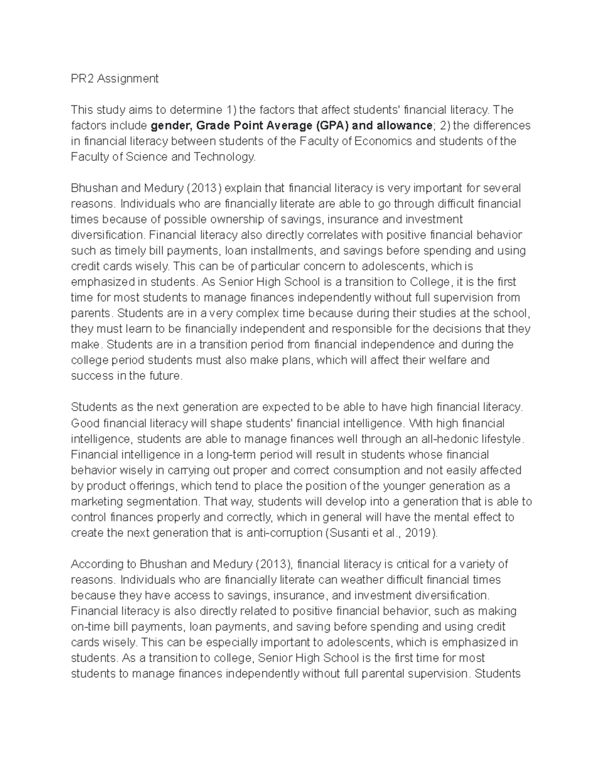 PR2 Assignment: Factors Influencing Financial Literacy Among Students ...