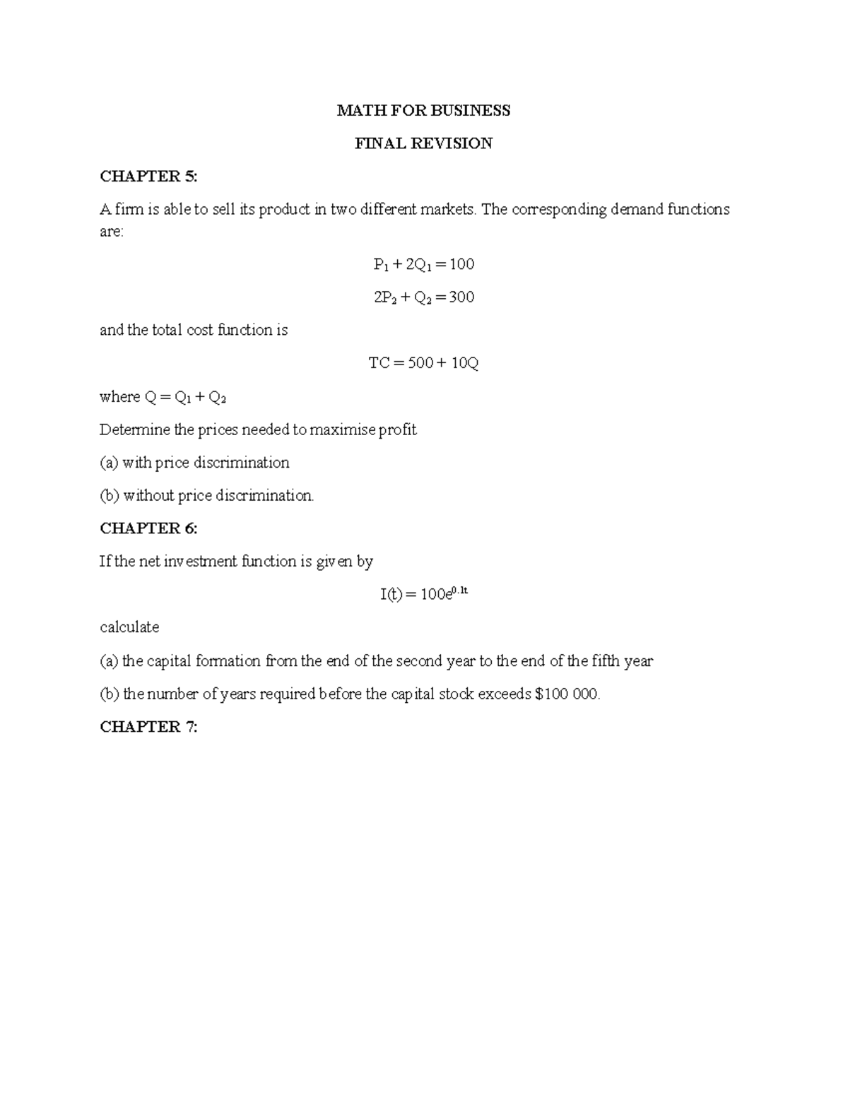 MATH FOR BUSINESS MATH 101 FINAL REVISION: CHAPTERS 5-7 OVERVIEW - Studocu