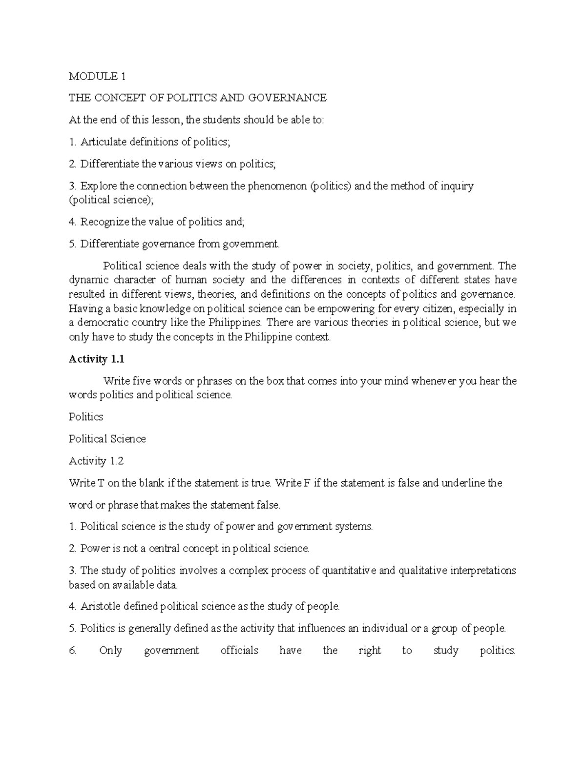 PS101: Introduction to Politics and Governance - Module 1 Notes - Studocu