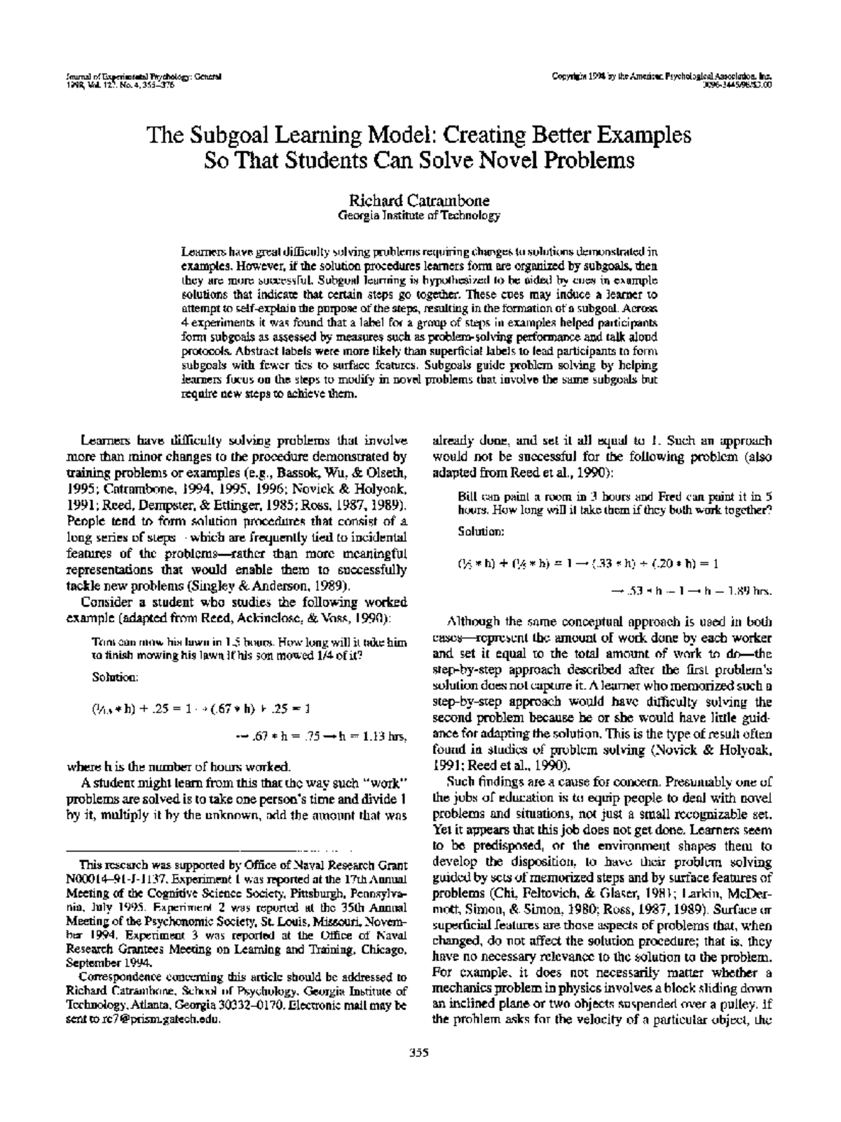 The Subgoal Learning Model: Enhancing Problem-Solving through ...