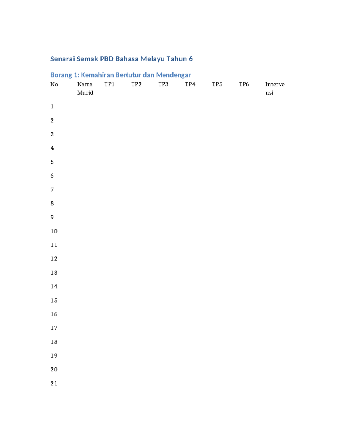 Senarai Semak PBD BM Tahun 6: Kemahiran Bertutur, Membaca & Menulis ...
