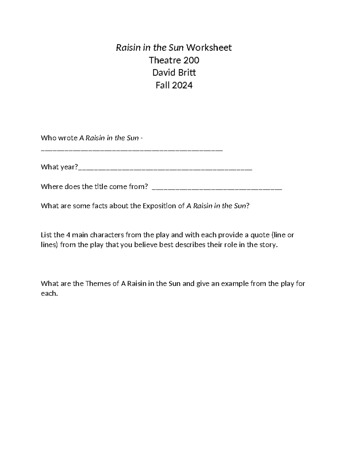 Raisin in the Sun Worksheet - Raisin in the Sun Worksheet Theatre 200 ...