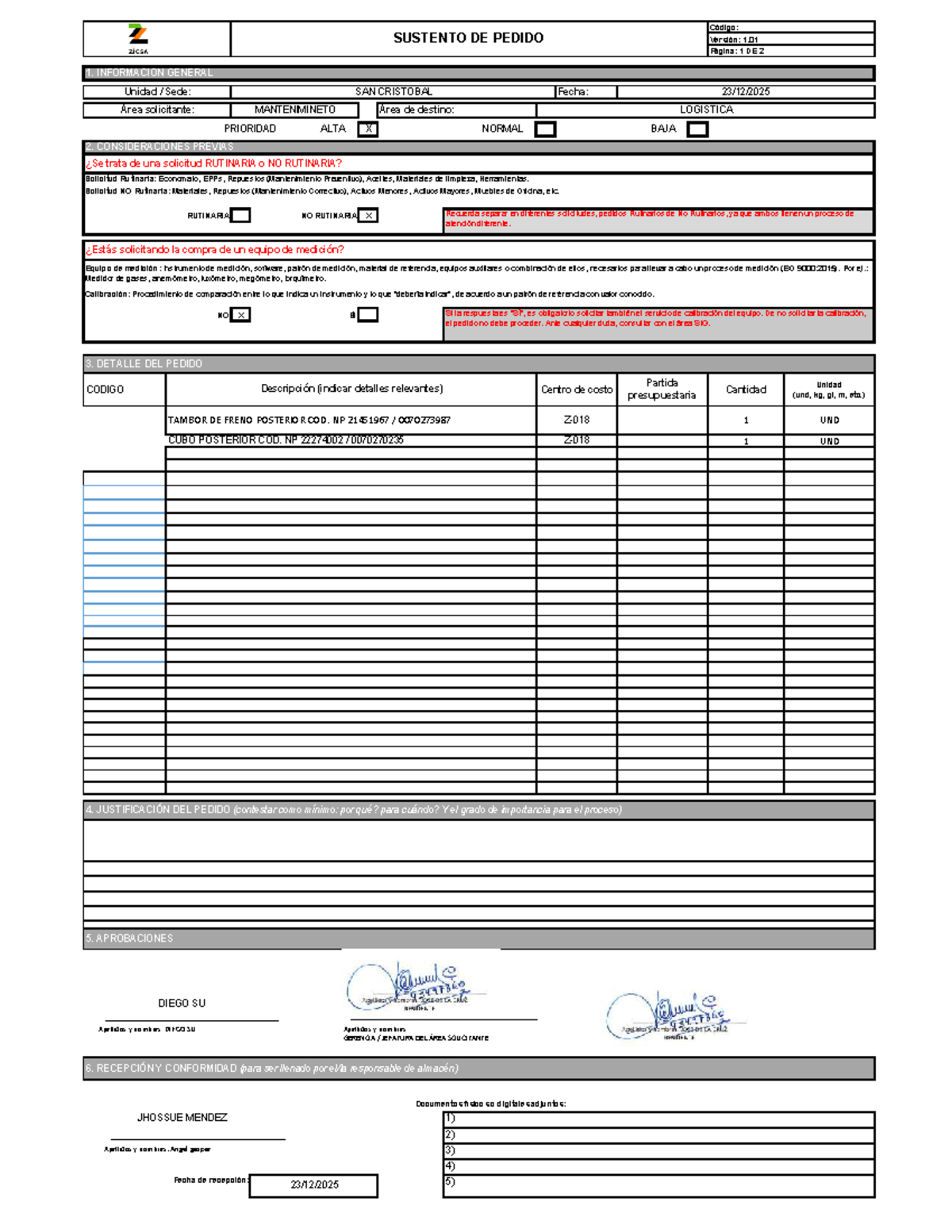 SUSTENTO DE PEDIDO ZIC-018: Tambor de Freno y Cubo de Rueda - Studocu