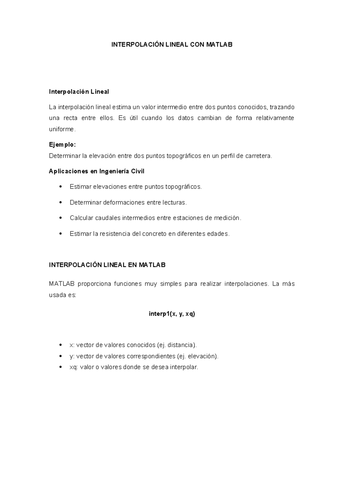 Interpolación Lineal con MATLAB: Aplicaciones en Ingeniería Civil - Studocu