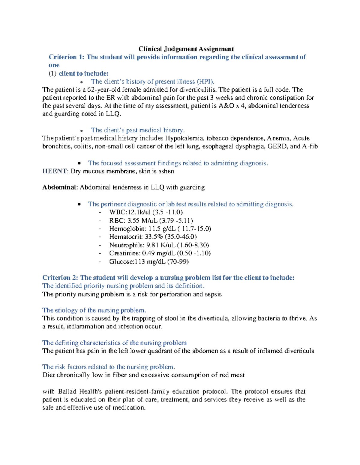 10-clinical judgement paper - Clinical Judgement Assignment Criterion 1 ...