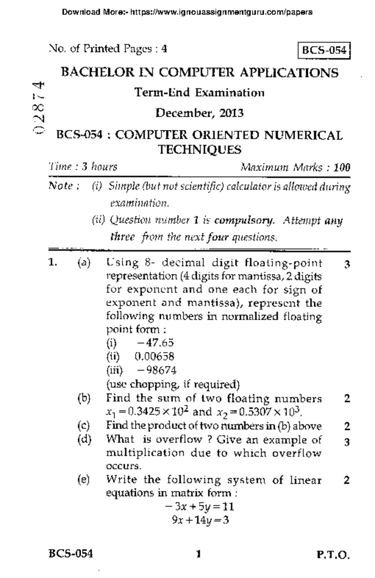 BCS-054 Final Exam Previous Year Question Papers on Numerical ...