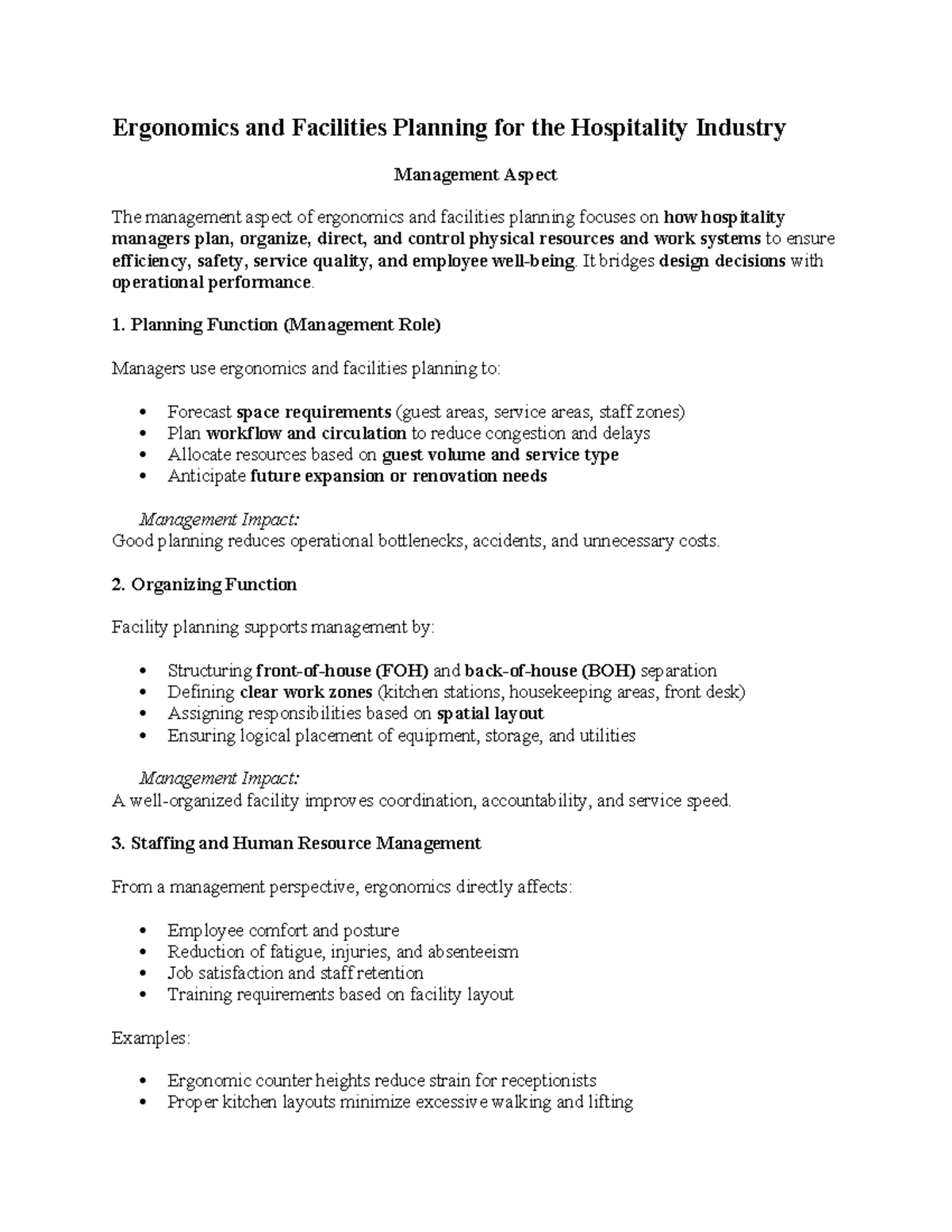 Ergonomics & Facilities Planning in Hospitality Management - Studocu