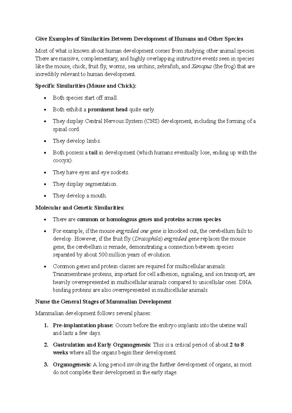 Embryo Development Learning Outcomes: Similarities Across Species - Studocu