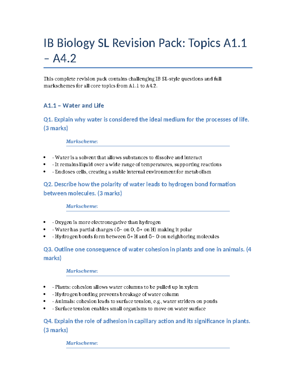 IB Biology SL Revision Pack: Core Topics A1.1 to A4.2 - Studocu