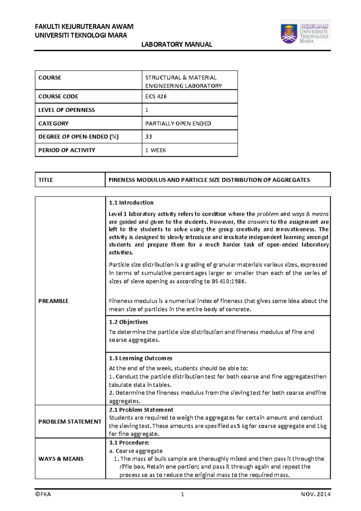 Fineness OF Aggregates Level 1 - UNIVERSITI TEKNOLOGI MARA LABORATORY ...